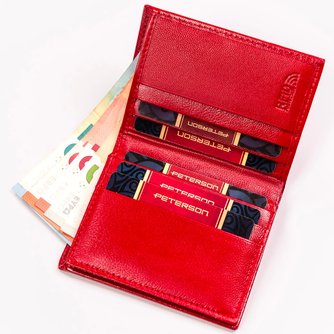 Portofel de dama, piele naturala, rosu, Peterson, 10,5 x 8 x1,5 cm ...