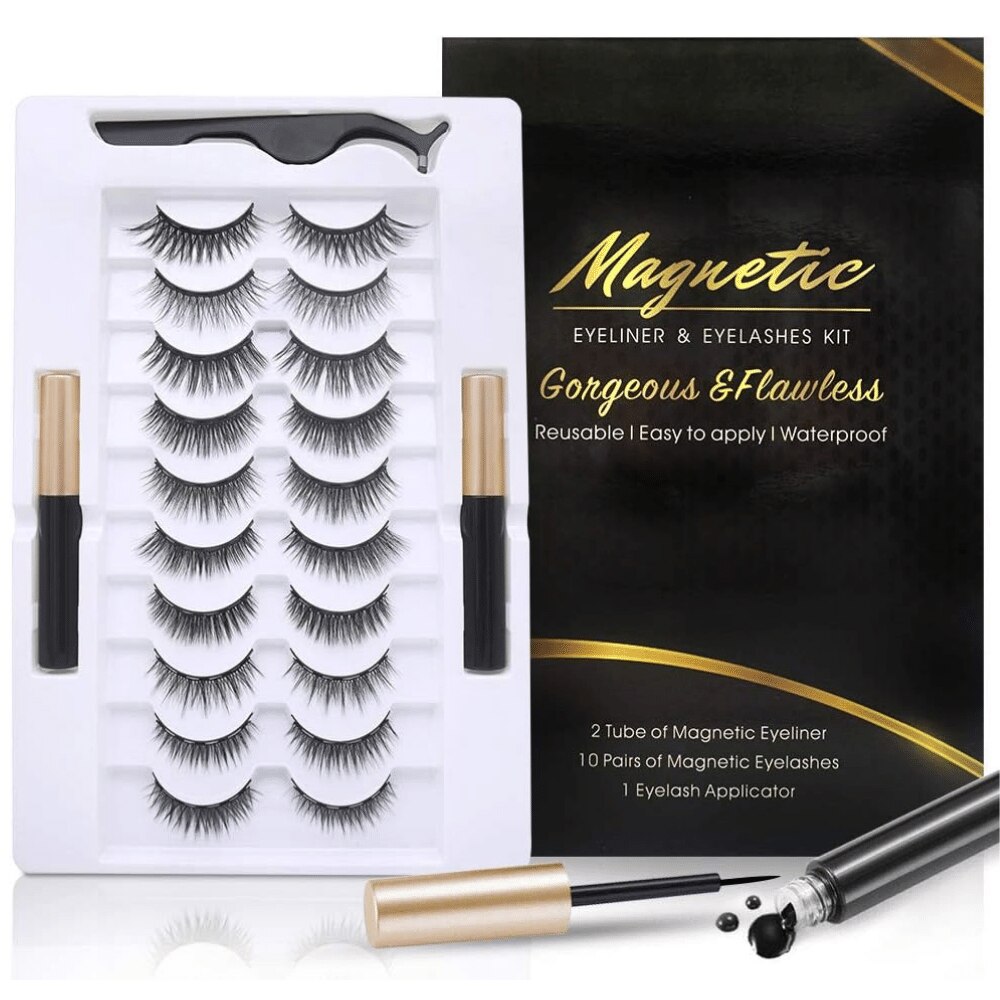 Set gene magnetice cu adeziv, si penseta, 10 perechi, Negru - eMAG.ro
