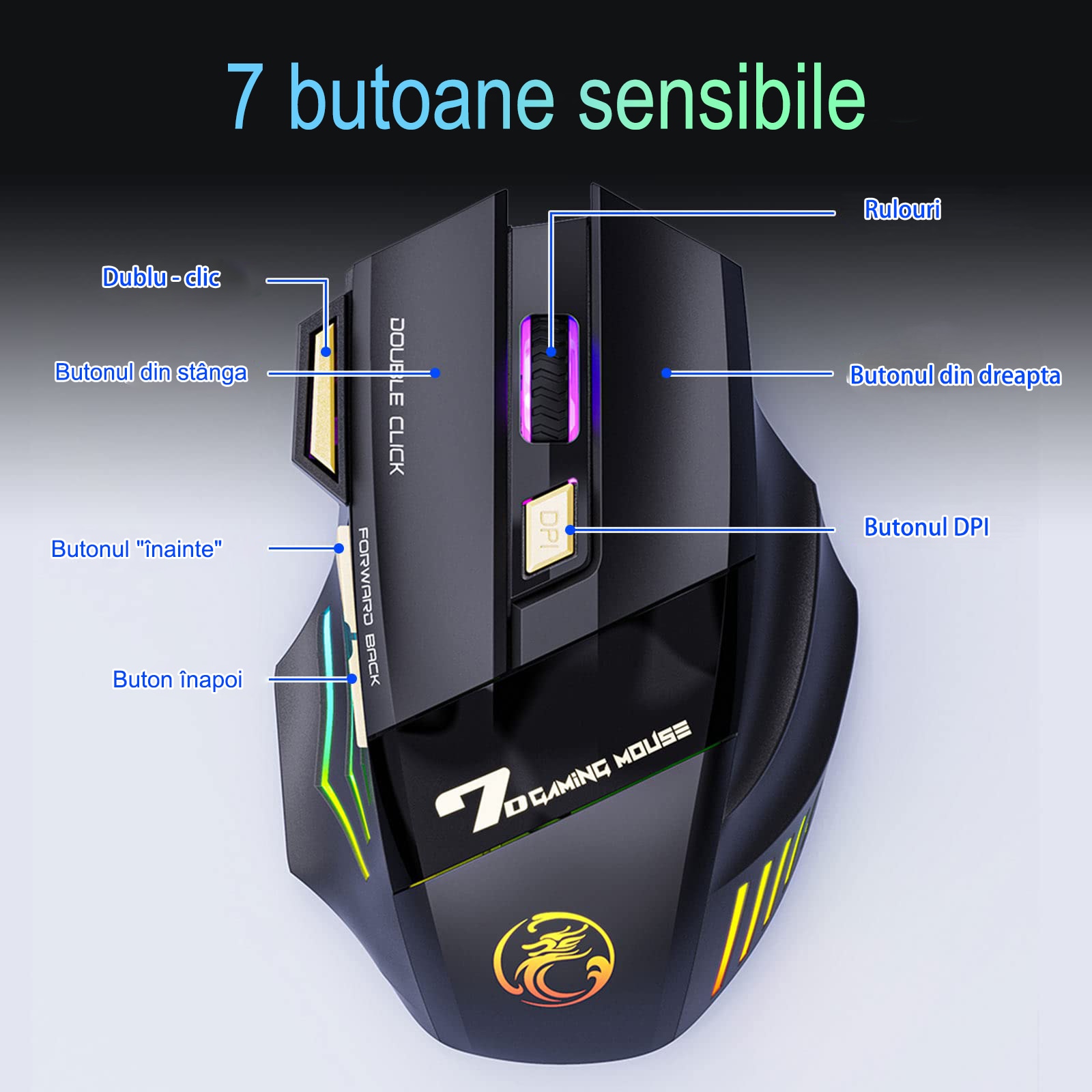 Mouse gaming wireless, SDLOGAL, 500 mAh, USB, 4 DPI, 7 butoane, Lumini ...