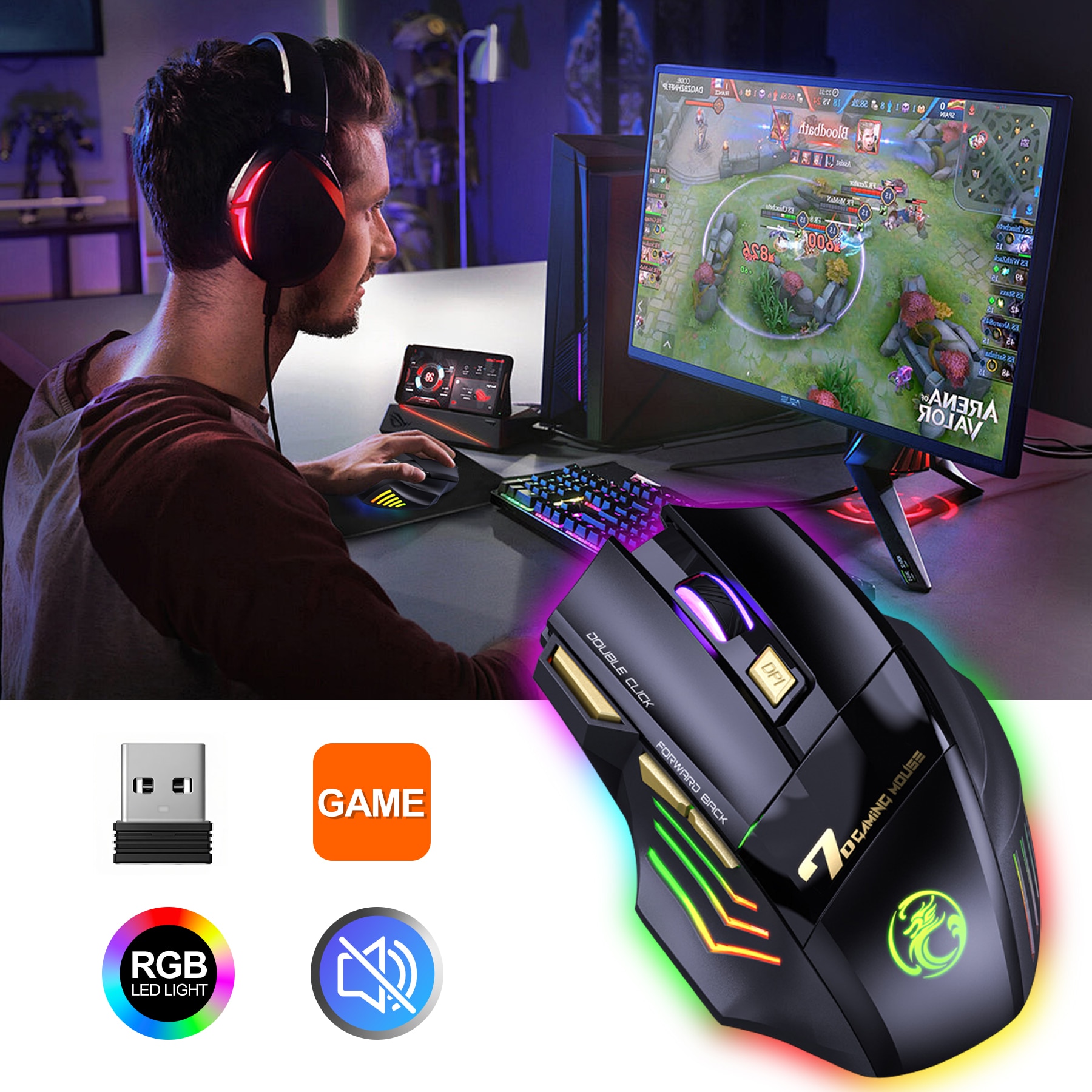Mouse gaming wireless, SDLOGAL, 500 mAh, USB, 4 DPI, 7 butoane, Lumini ...