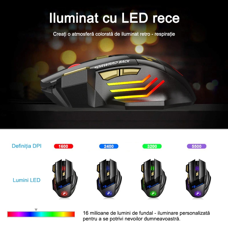 Mouse gaming wireless, SDLOGAL, 500 mAh, USB, 4 DPI, 7 butoane, Lumini ...