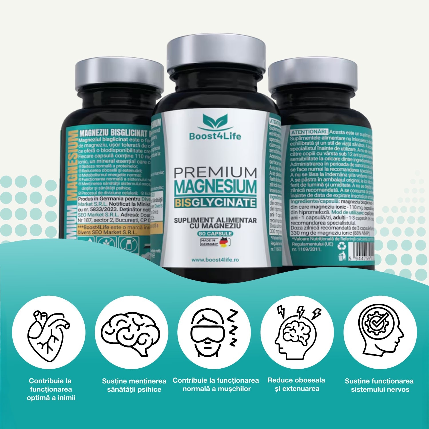 Magneziu Bisglicinat / Glicinat PREMIUM, Boost4Life, 60 capsule vegane ...