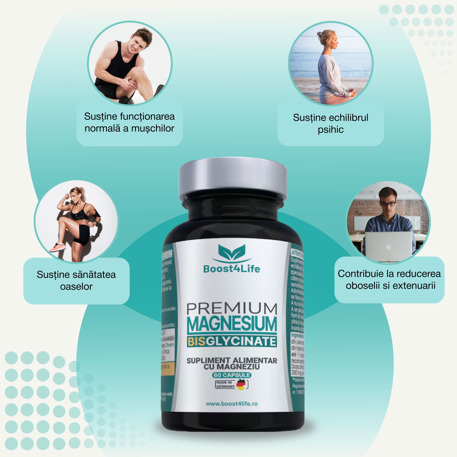 Magneziu Bisglicinat / Glicinat PREMIUM, Boost4Life, 60 capsule vegane ...