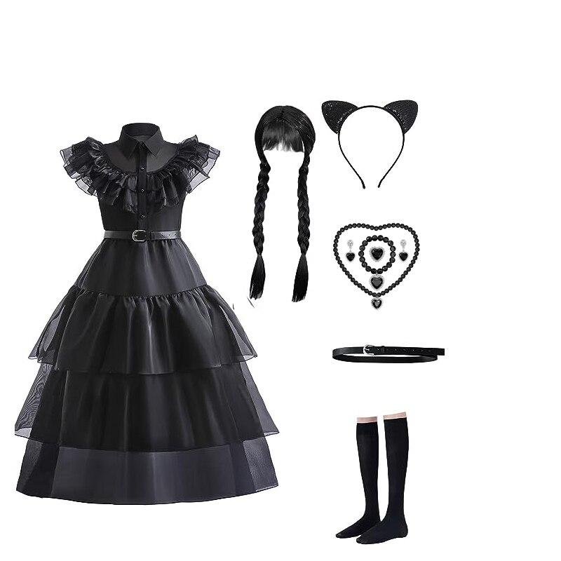 Costum Cosplay pentru fete Wednesday Addams Dresssi accesorii, Poliester, 130-140 cm, Negru ...