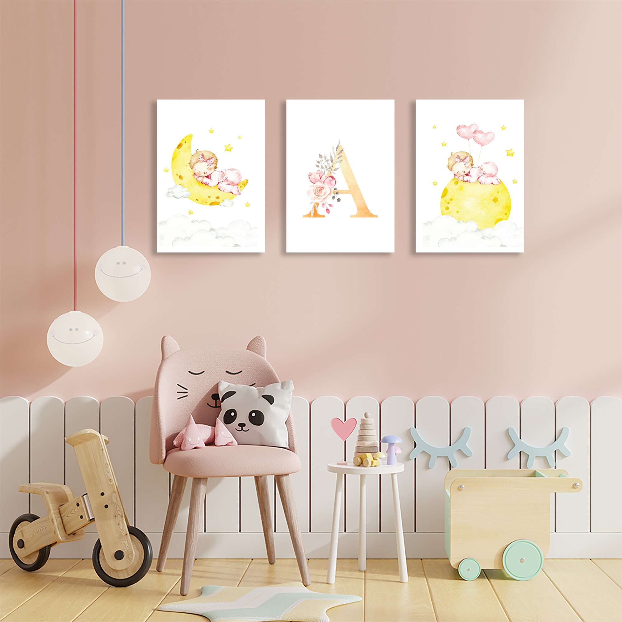 Set 3 tablouri canvas decorative, cu luna pentru camera copiilor ...
