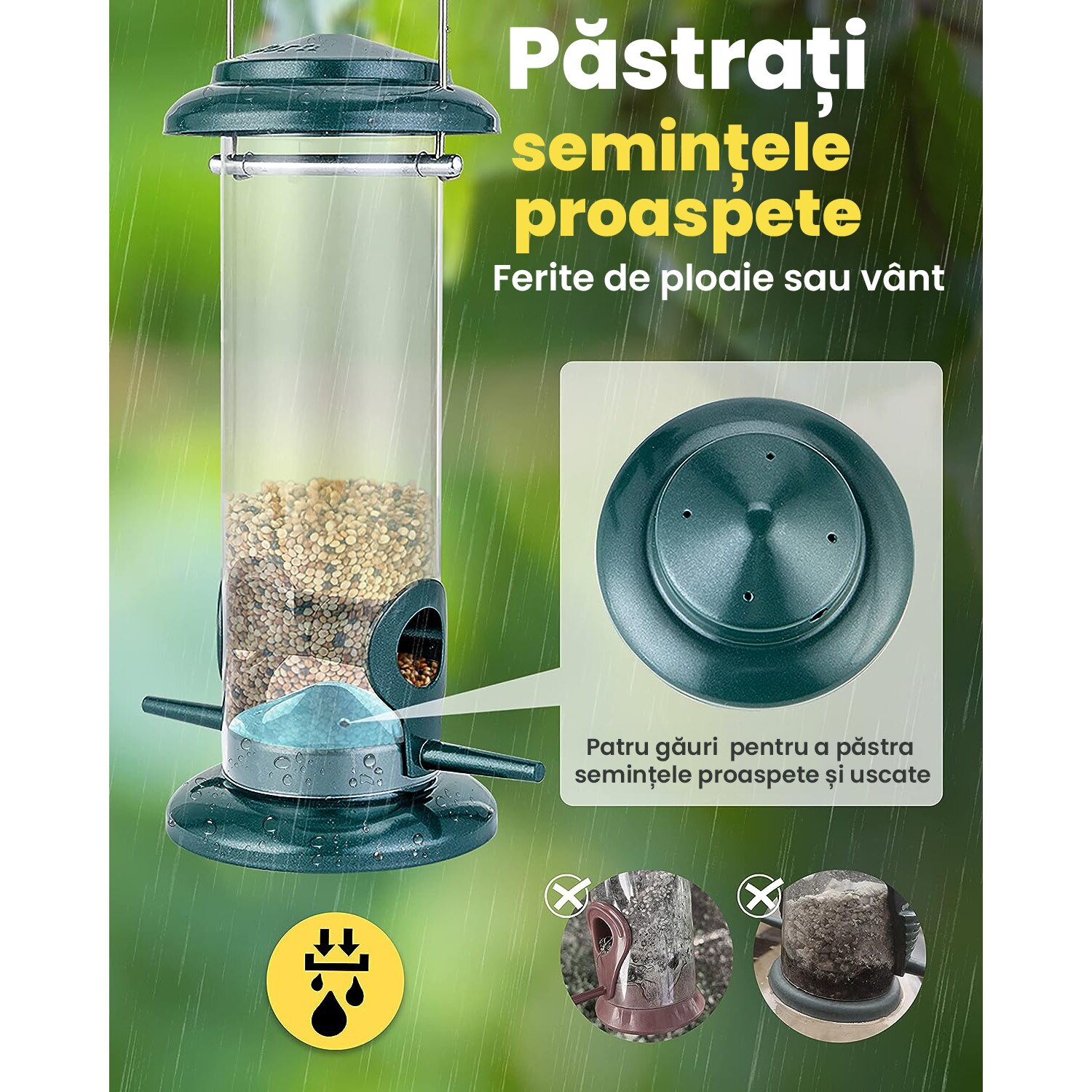 Hranitor exterior pentru pasari, rezistent la vant si ploaie, din metal ...