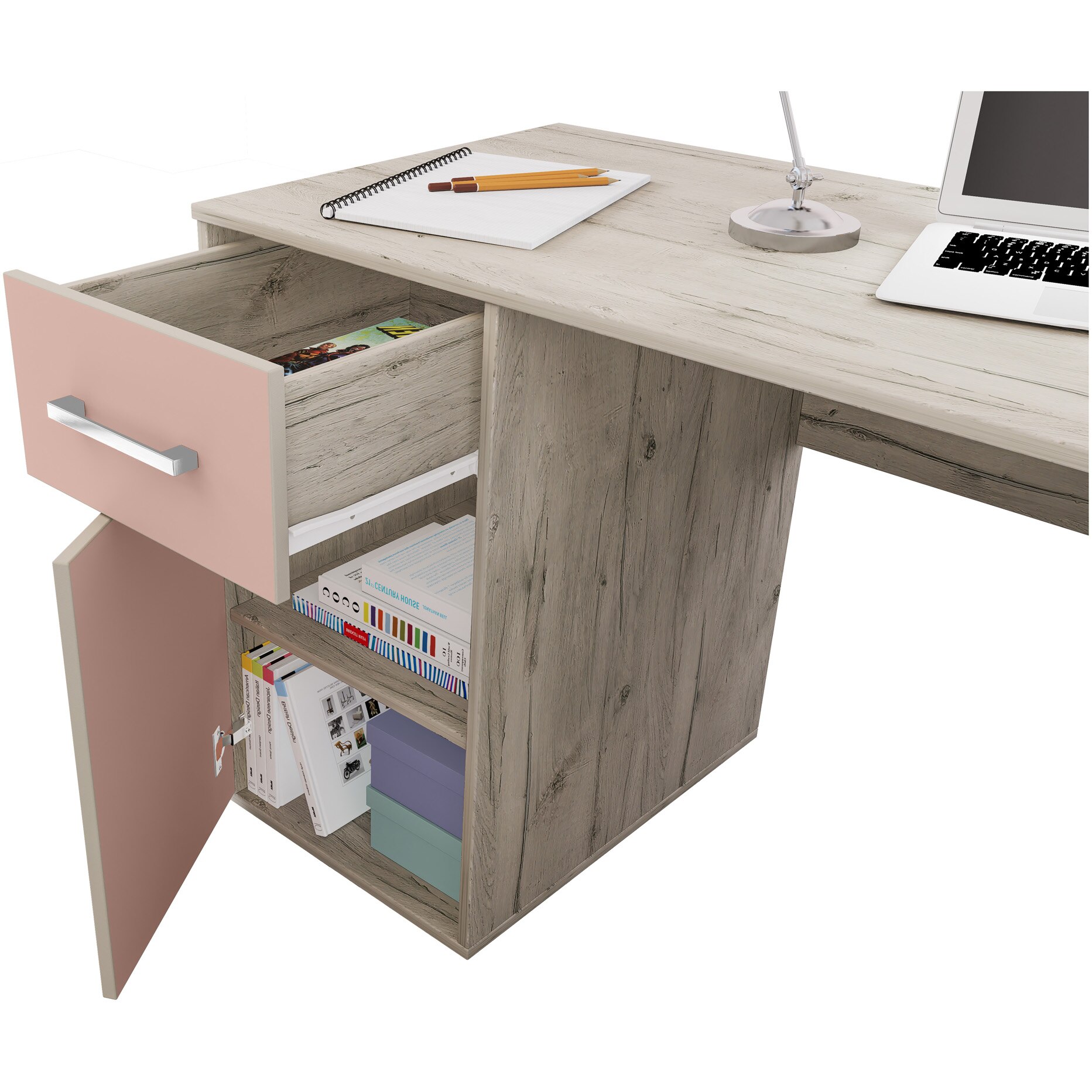 Birou Irim Yoo,130x60x76cm, culoare roz/finisaj lemn alb - eMAG.ro