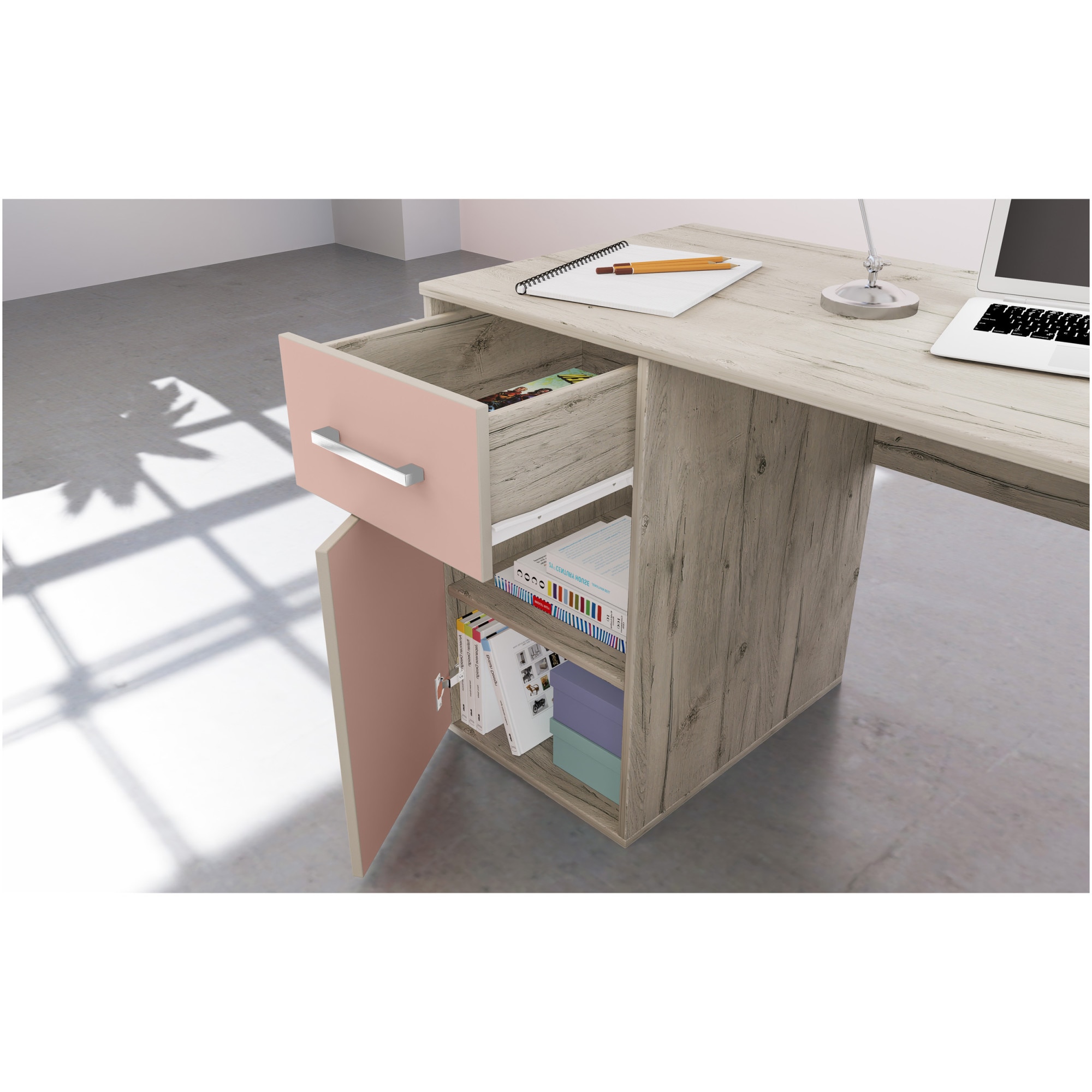 Birou Irim Yoo,130x60x76cm, culoare roz/finisaj lemn alb - eMAG.ro