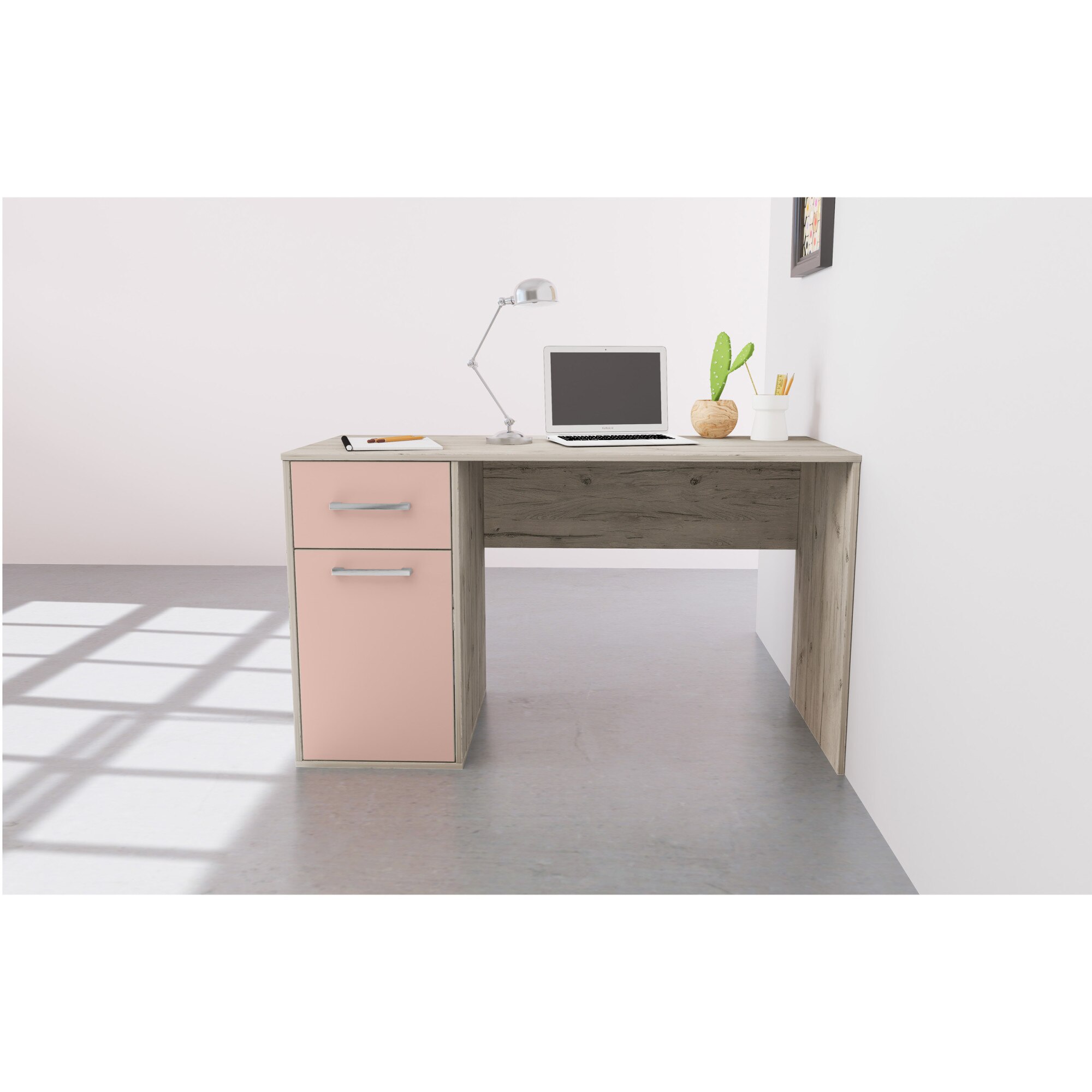 Birou Irim Yoo,130x60x76cm, culoare roz/finisaj lemn alb - eMAG.ro