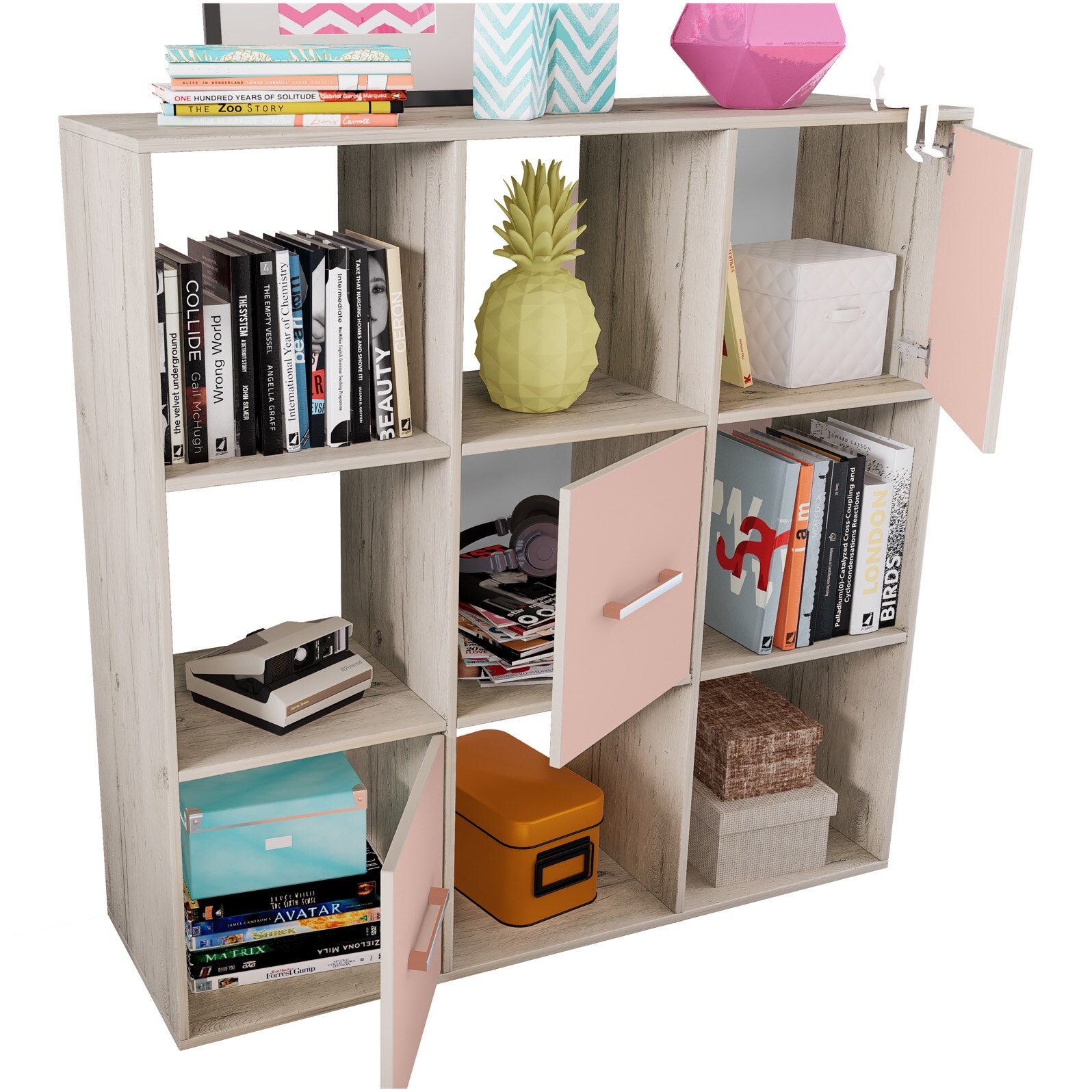 Raft Irim Yoo, 122x39x122 cm, culoare roz/finisaj lemn alb - eMAG.ro