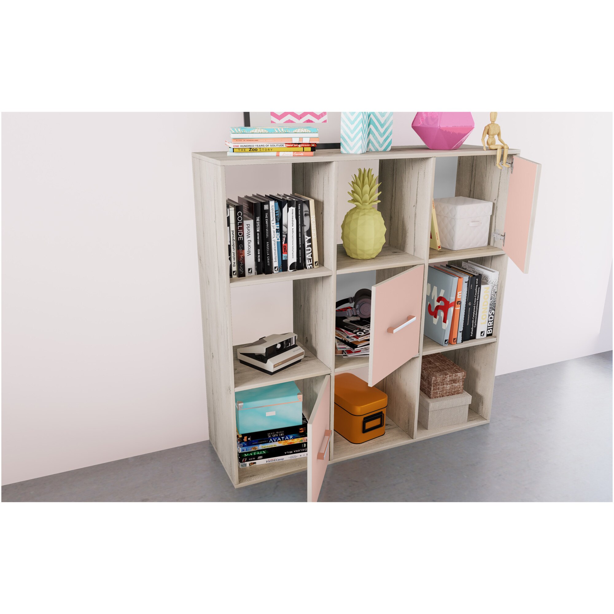 Raft Irim Yoo, 122x39x122 cm, culoare roz/finisaj lemn alb - eMAG.ro