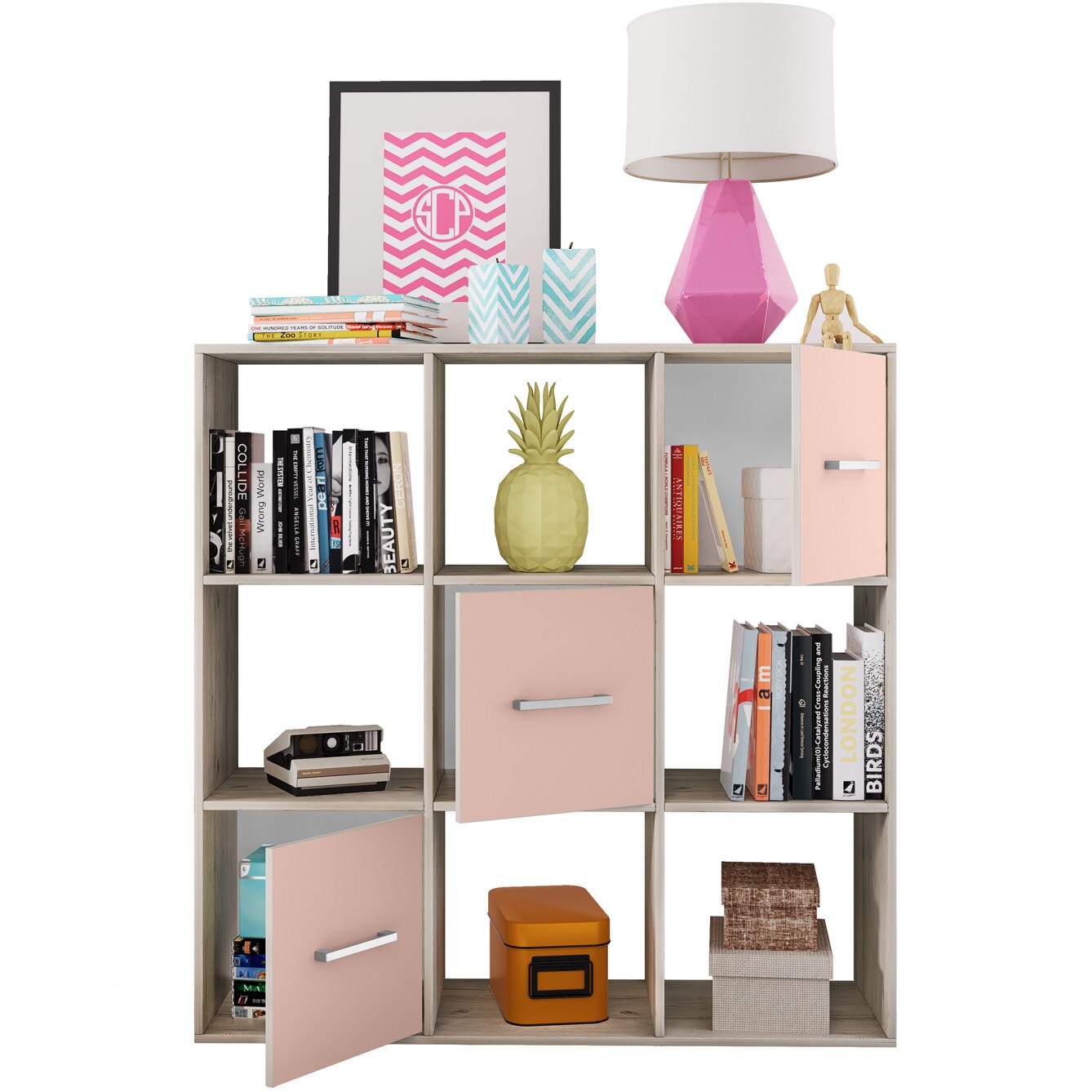 Raft Irim Yoo, 122x39x122 cm, culoare roz/finisaj lemn alb - eMAG.ro