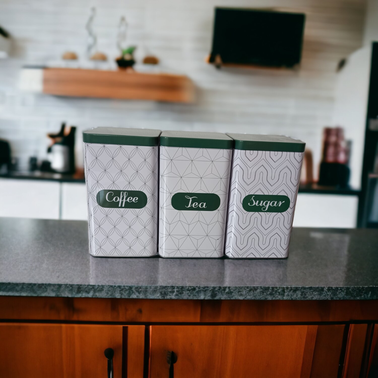 Set 3 cutii metalice patrate pentru Zahar, Cafea, Ceai, Alb Verde ...