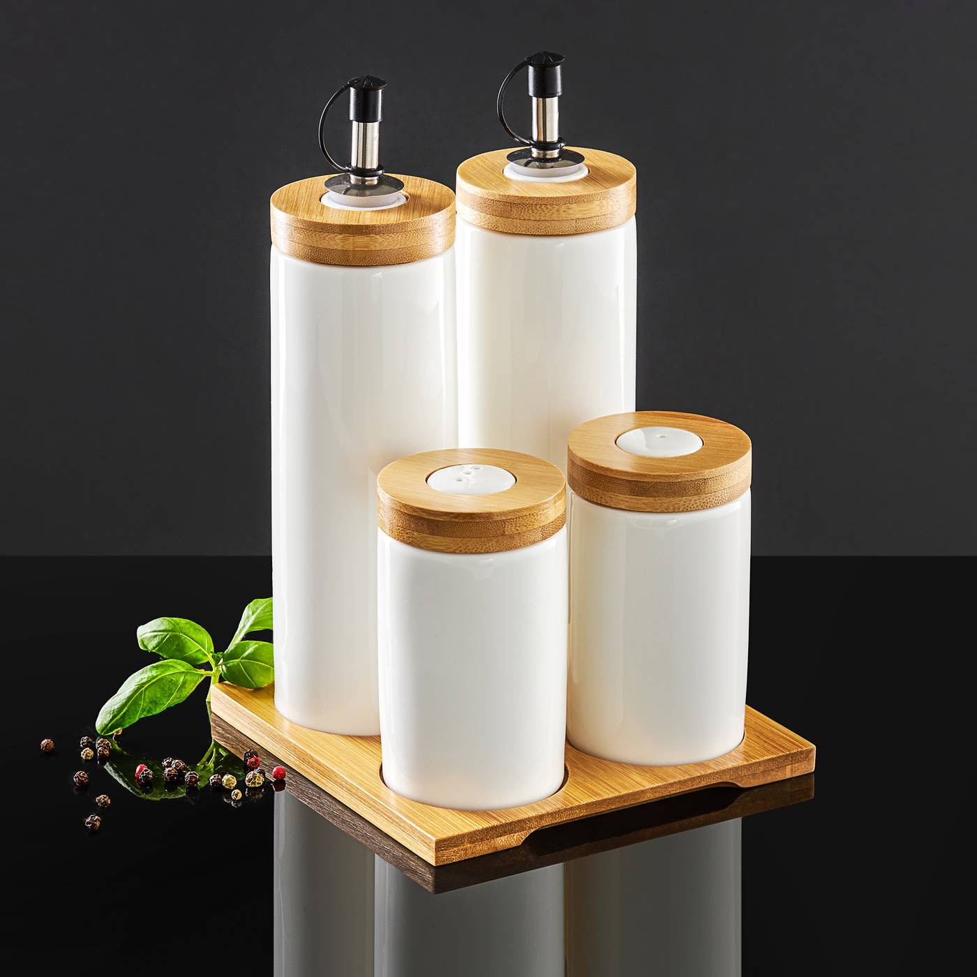 Set de masa 5 piese, Ambition Natural 94789, portelan, ulei, otet, sare ...