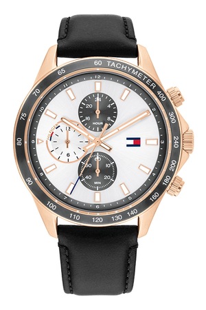 Tommy Hilfiger, Часовник с кожена каишка и хронограф, Черен - eMAG.bg