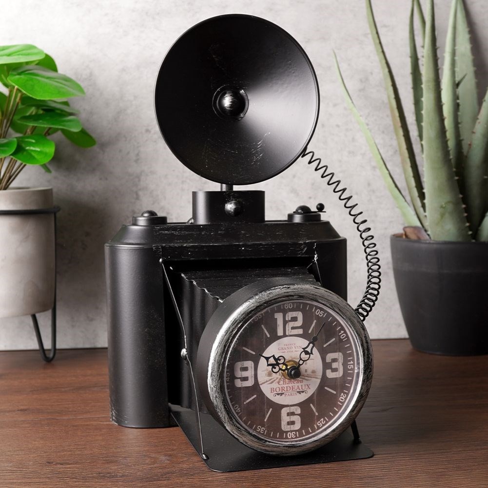 Ceas de birou, Home Styling Collection, Model camera foto retro, Negru ...