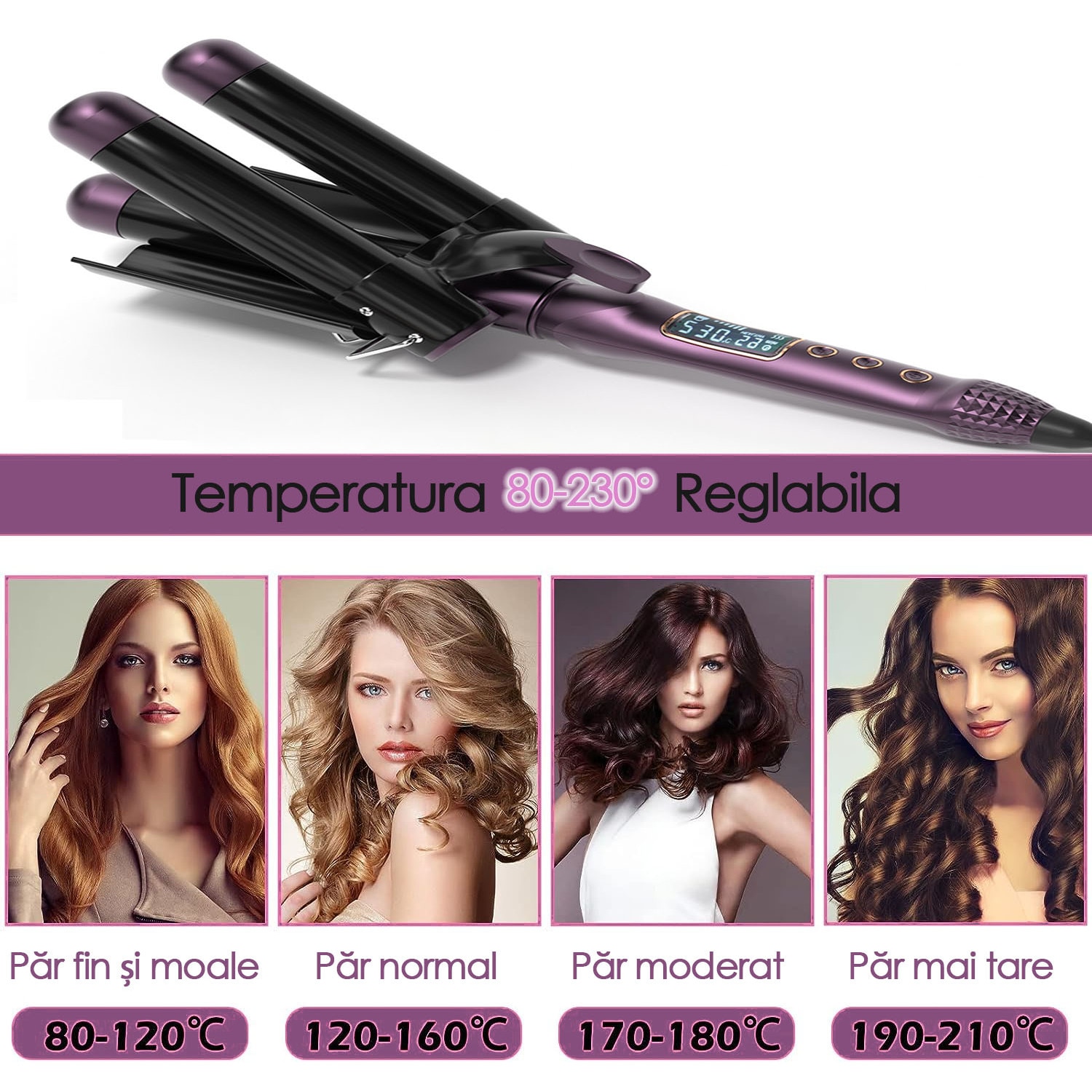 Ondulator profesional cu 3 cilindri de 22mm BYONDSELF®, 15 Niveluri de ...