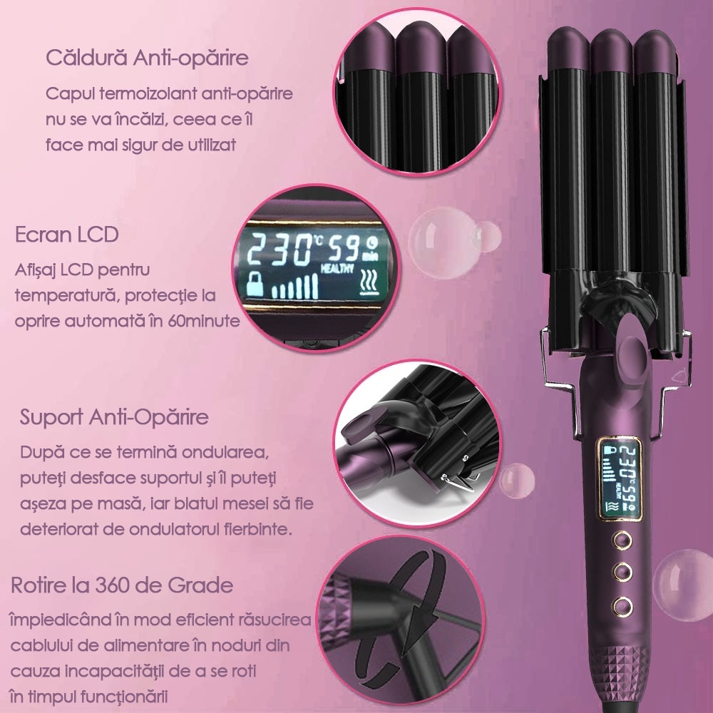 Ondulator profesional cu 3 cilindri de 22mm BYONDSELF®, 15 Niveluri de ...
