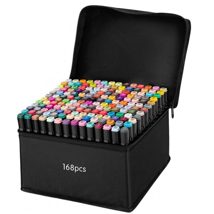 Set 168 markere permanente, pe baza de alcool, doua capete 1-6mm, 15 cm ...