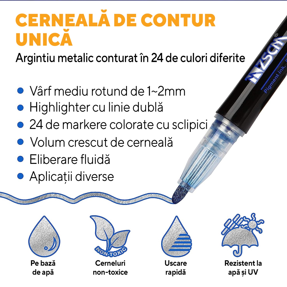 Set 24 markere cu sclipici argintiu si contur colorat, cap 1-2 mm ...