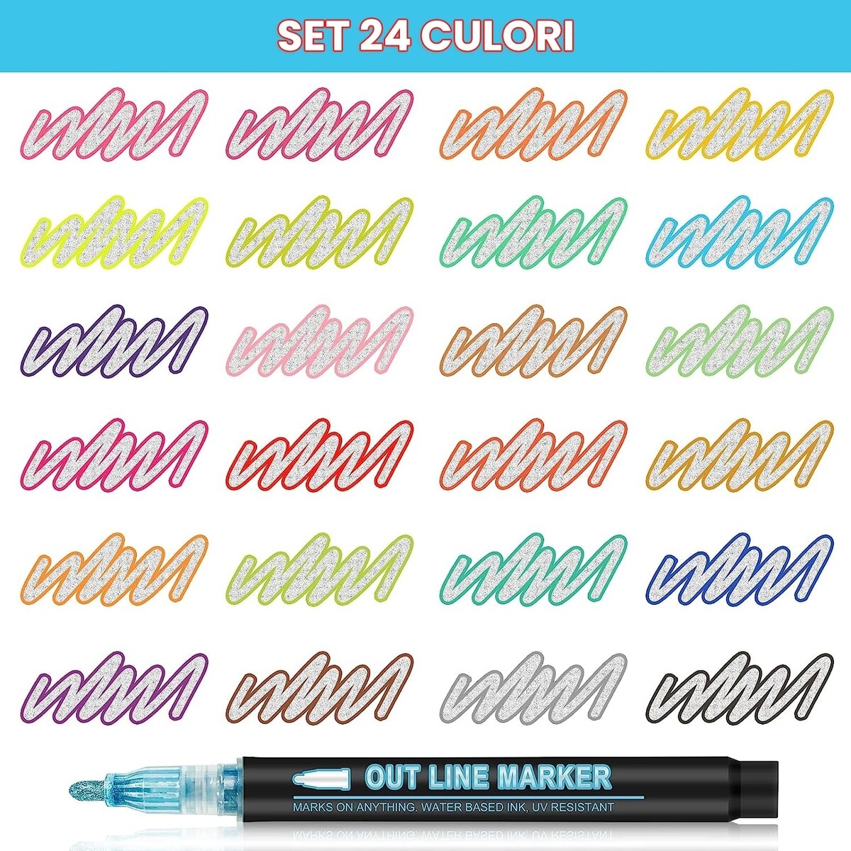 Set 24 markere cu sclipici argintiu si contur colorat, cap 1-2 mm ...