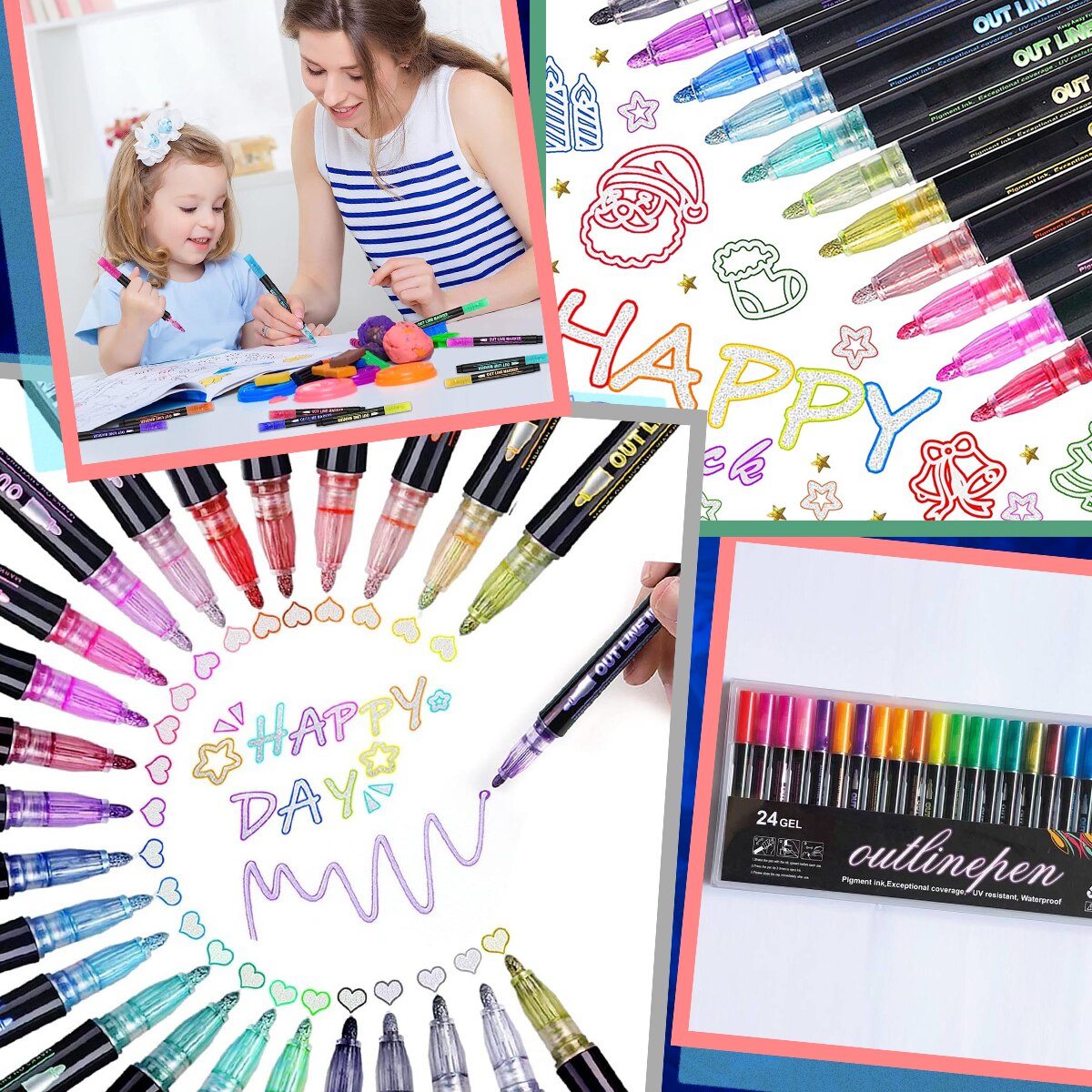 Set 24 markere cu sclipici argintiu si contur colorat, cap 1-2 mm ...