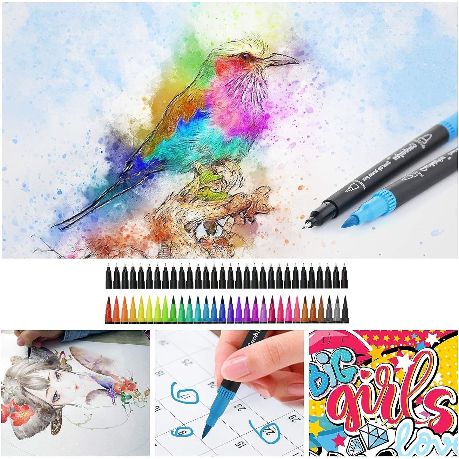 Set Markere Duble, 60 culori Pix liner si Fine Brush, 2 Carti de ...