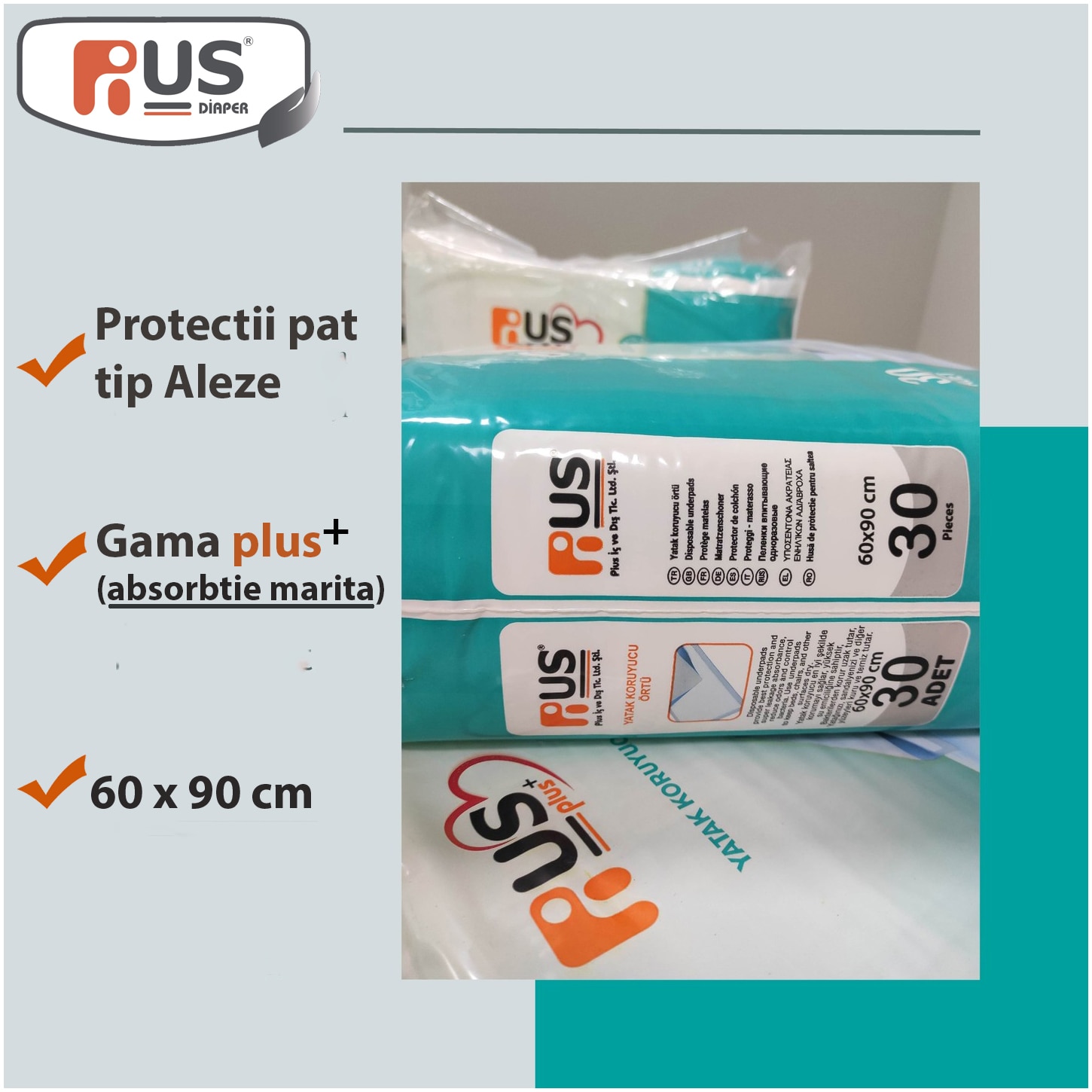 Aleze protectie pat PiUS, 60x90 cm, gama absorbtie Plus+, igienice, 30 ...