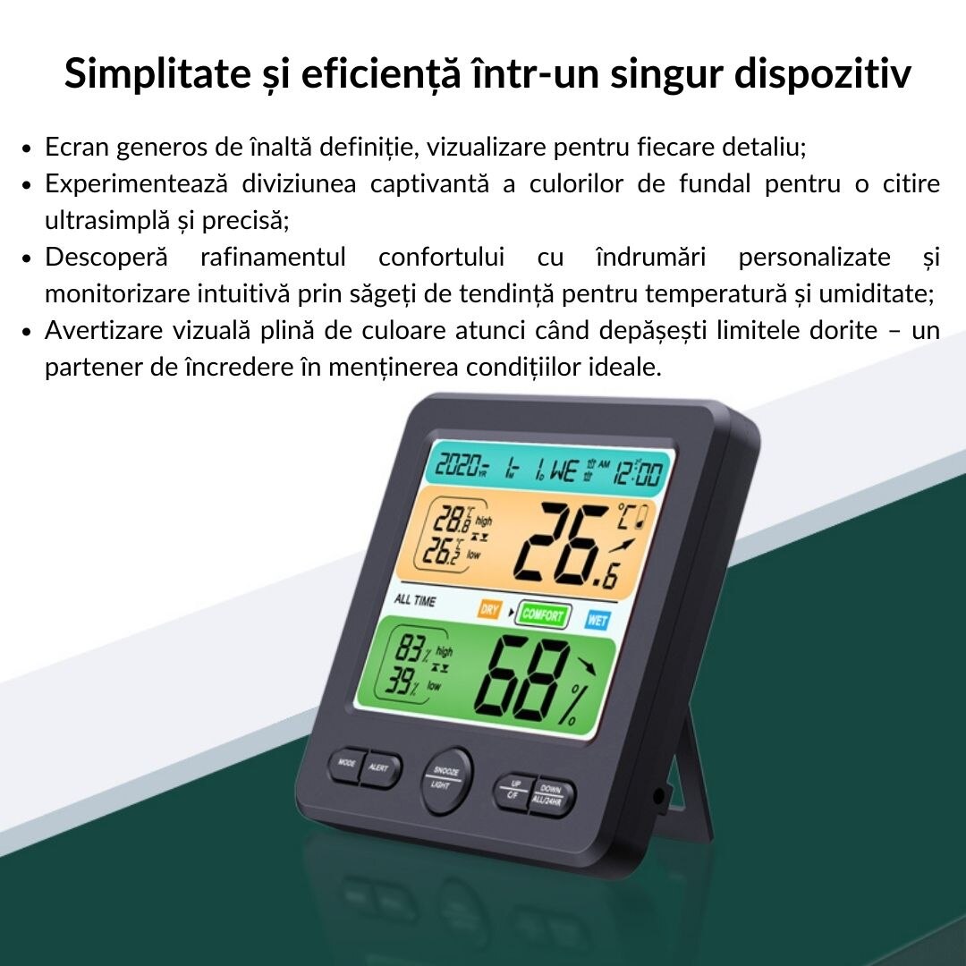 Termometru si Higrometru profesional de camera, Indicator comfort, Ceas ...