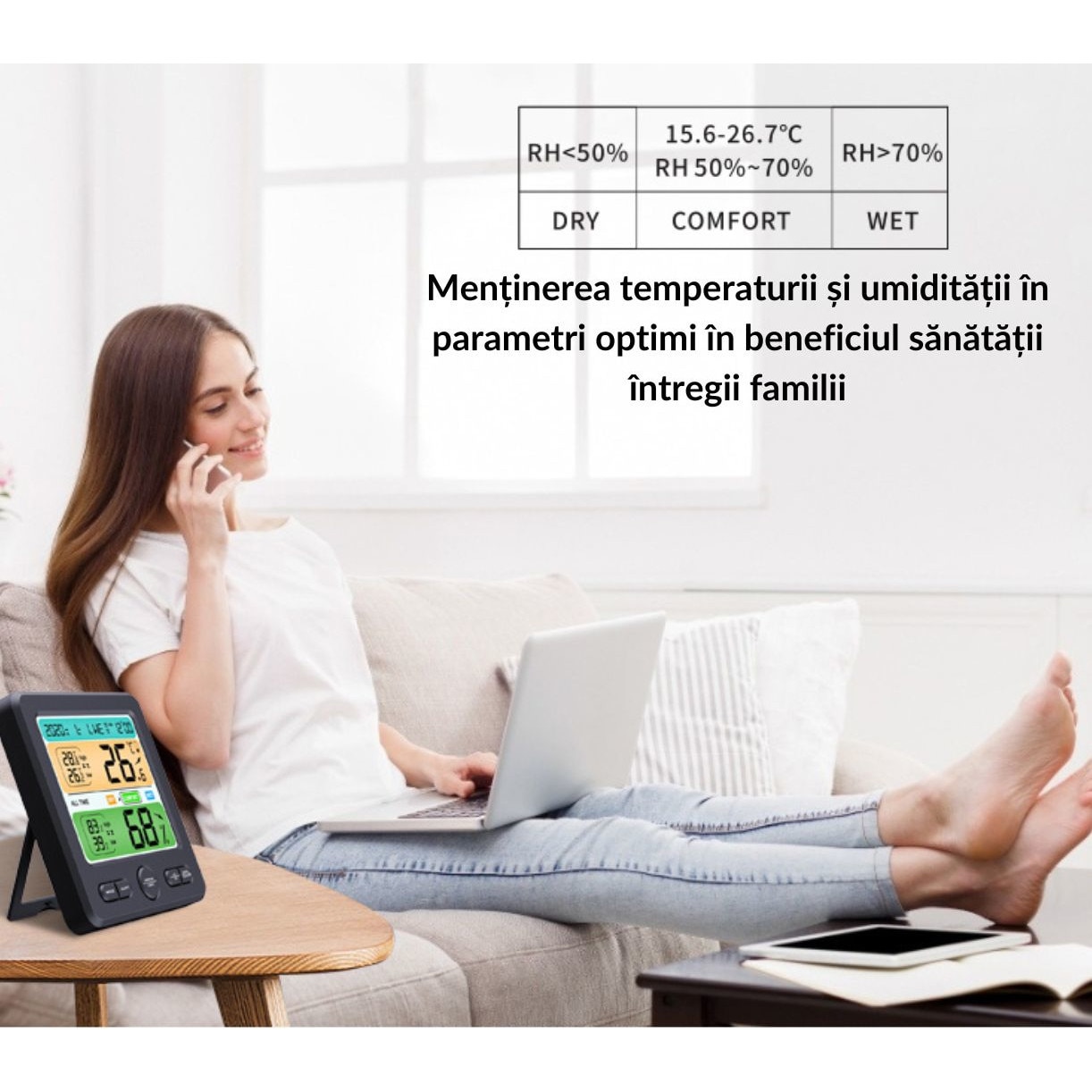 Termometru si Higrometru profesional de camera, Indicator comfort, Ceas ...