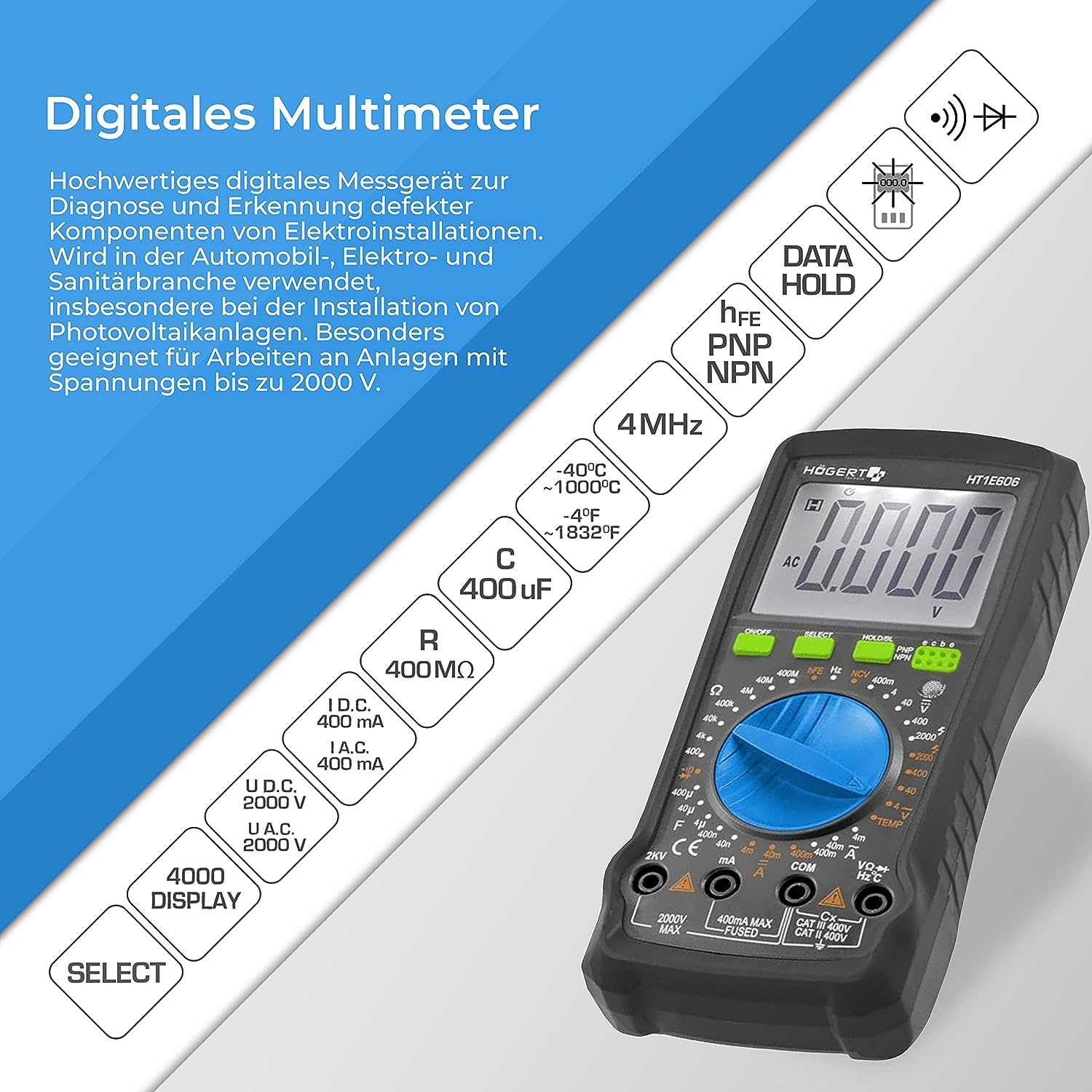 Multimetru digital universal 0-2000 V, AC/DC, 400 mA cu NCV si ...