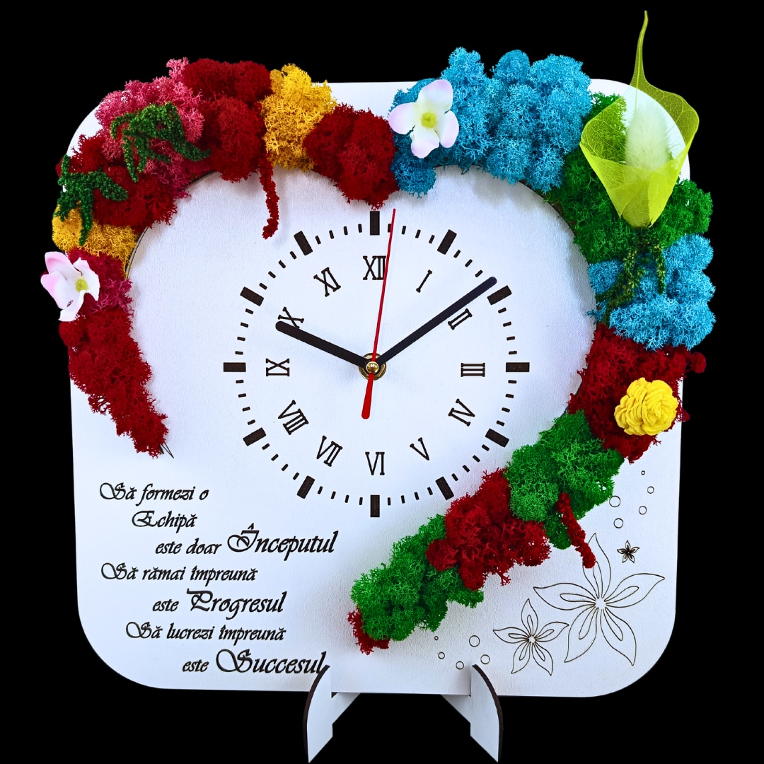 Ceas decorativ perete cu licheni stabilizati naturali, personalizat cu ...