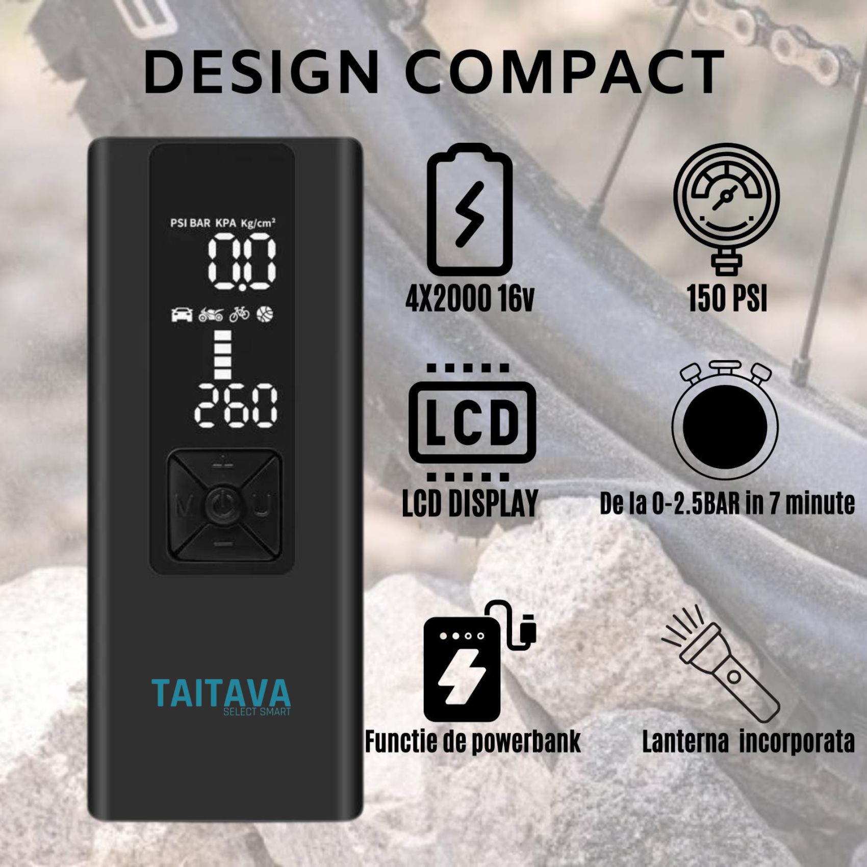 Mini compresor auto TAITAVA, pompa electrica reincarcabila de umflat ...