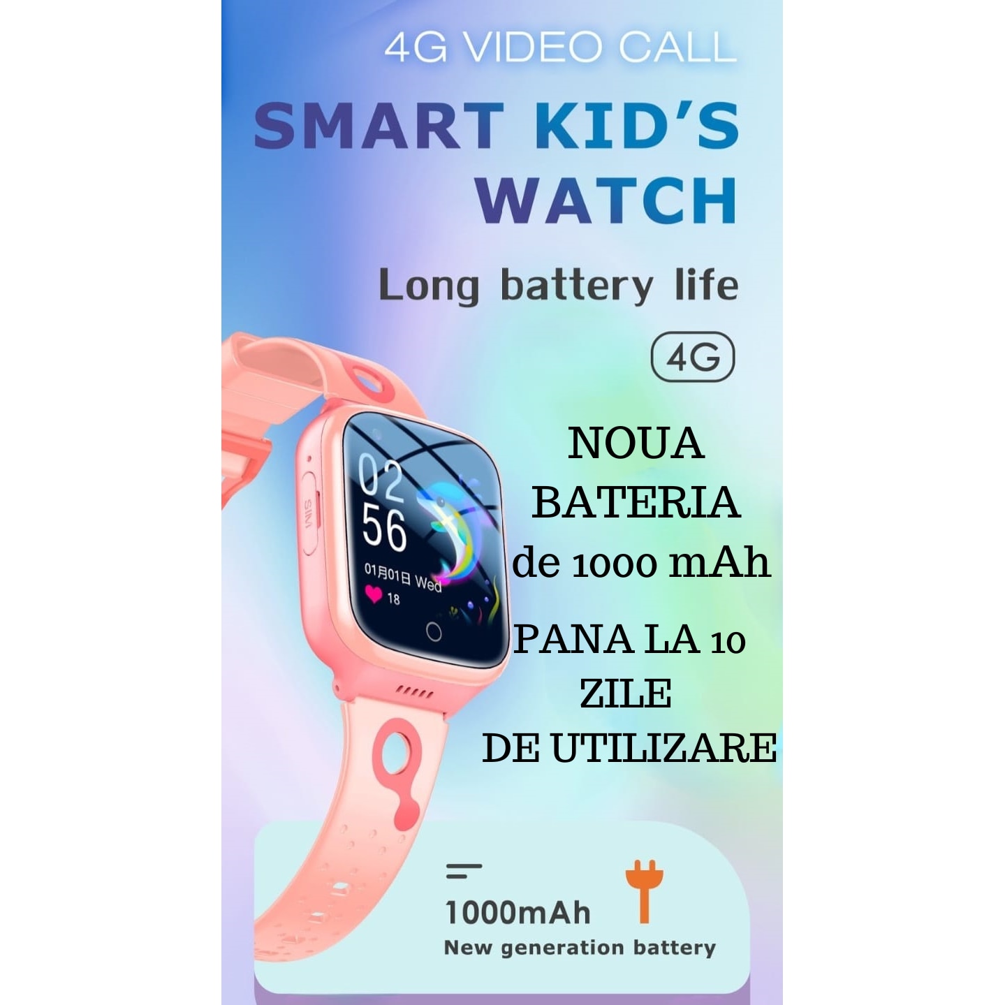 Ceas smartwatch pentru copii, slot cartela SIM, 4G, cu GPS, buton SOS ...