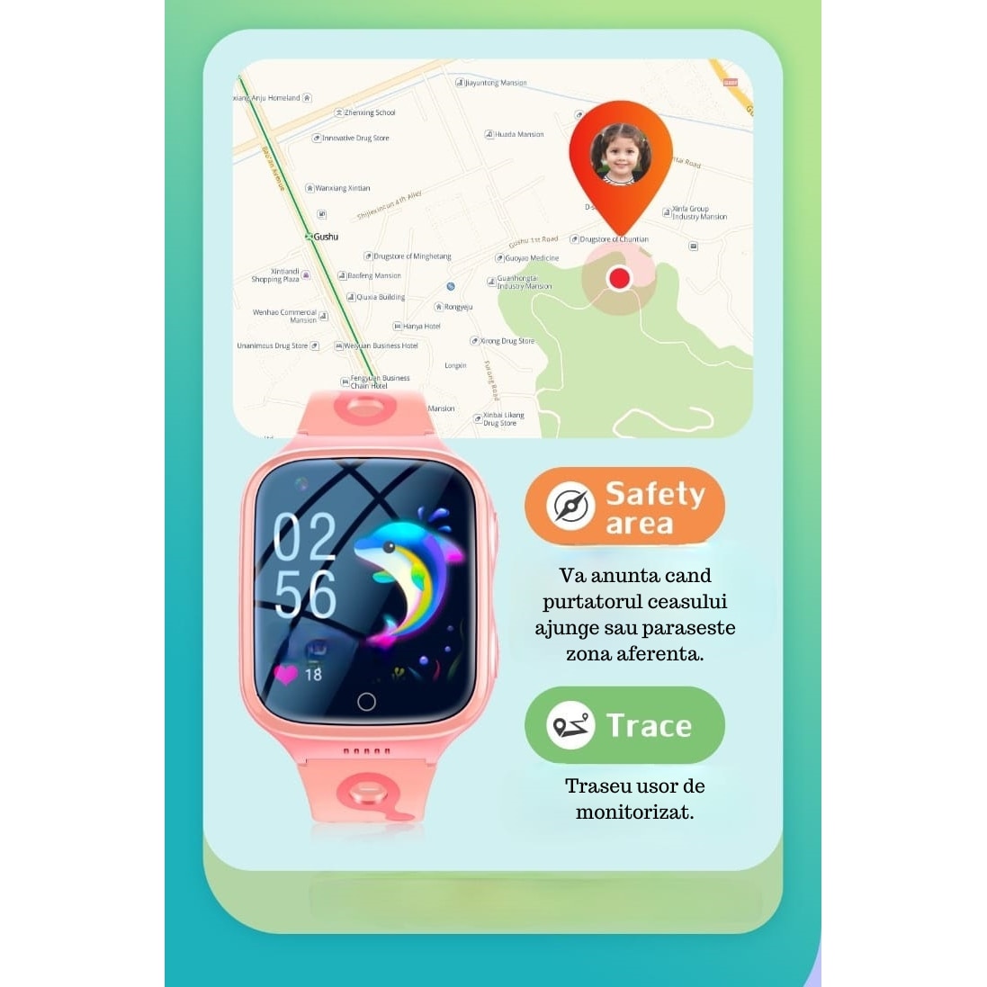 Ceas smartwatch pentru copii, slot cartela SIM, 4G, cu GPS, buton SOS ...