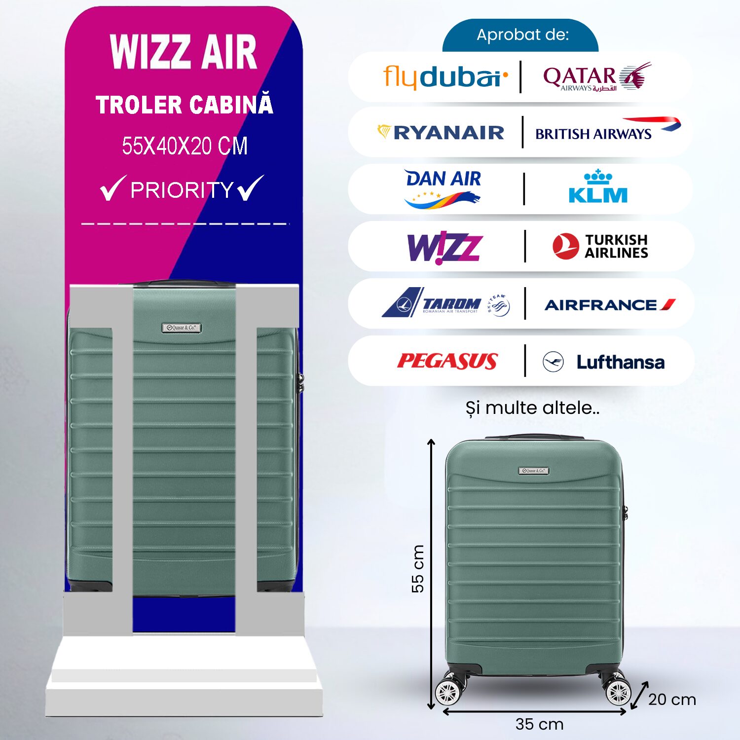 Troler cabina avion Quasar & Co.®, 55x36x20cm, bagaj de mana, valiza cu ...