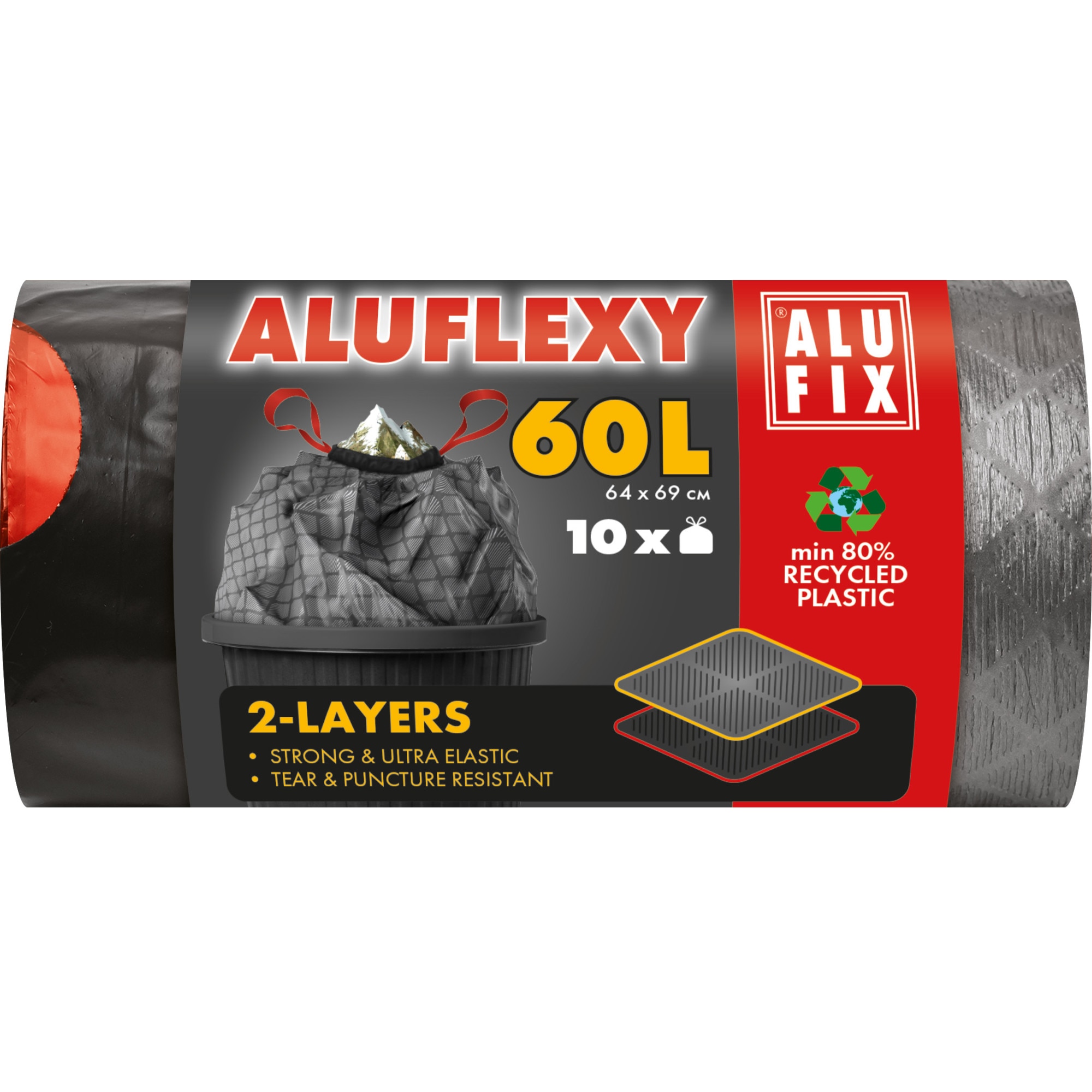 Saci de gunoi cu snur ALUFLEXY LDPE 64x69cm steel 60L/10buc ALUFIX ...