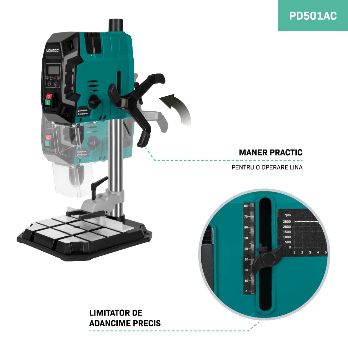 Бормашина с колона VONROC, PD501AC, 900W, С цифров контролен панел и ...