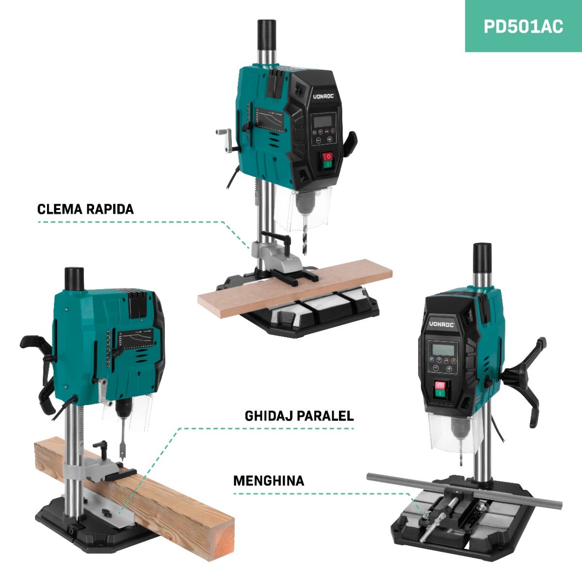 Masina de gaurit cu coloana VONROC PD501AC, putere 900W, panou de ...