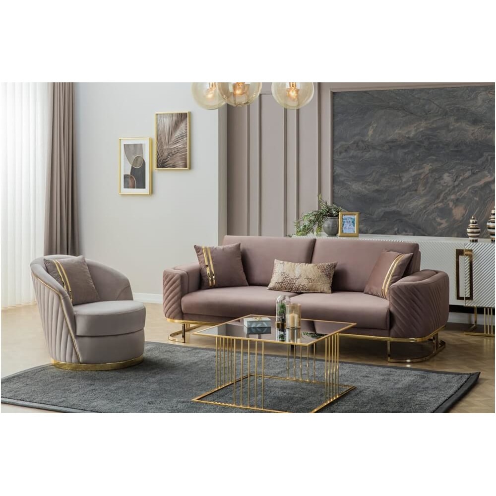 Set Canapele Elvina 3-3-1, Culoare Gri si Maroniu, Doua Canapele de 3 ...