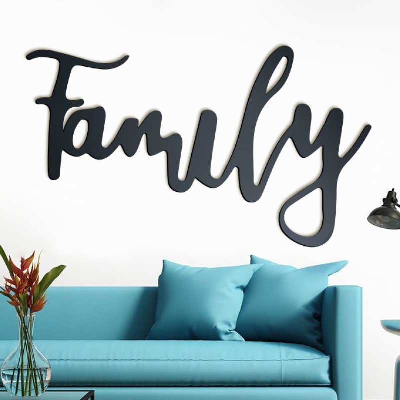 Метална декорация за стена Printworx, Family надпис, 64 x 37 см, Черен ...