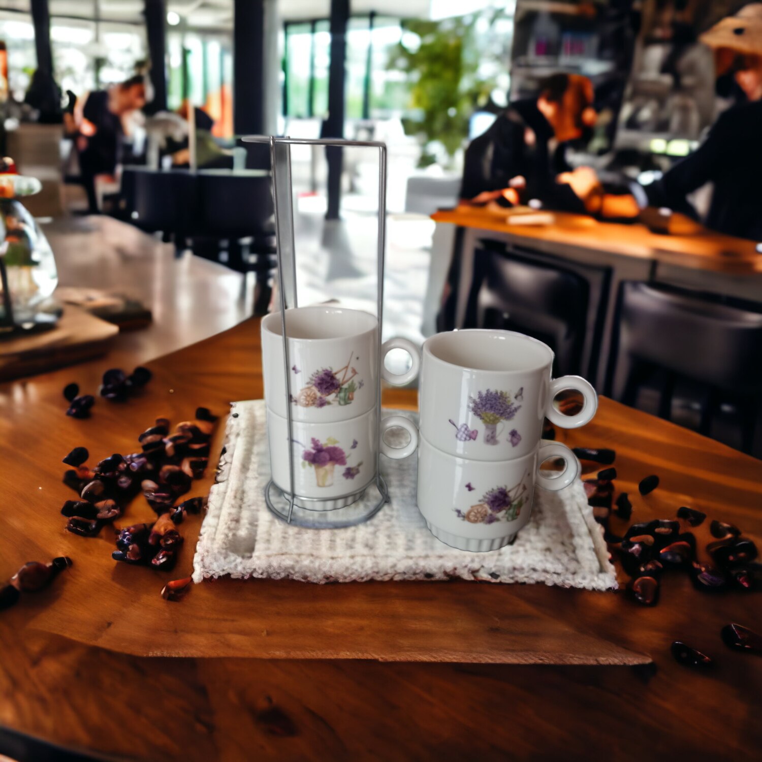Set 4 cesti Cafea, Ceramica, 200ml cu suport din Inox, Lavanda - eMAG.ro