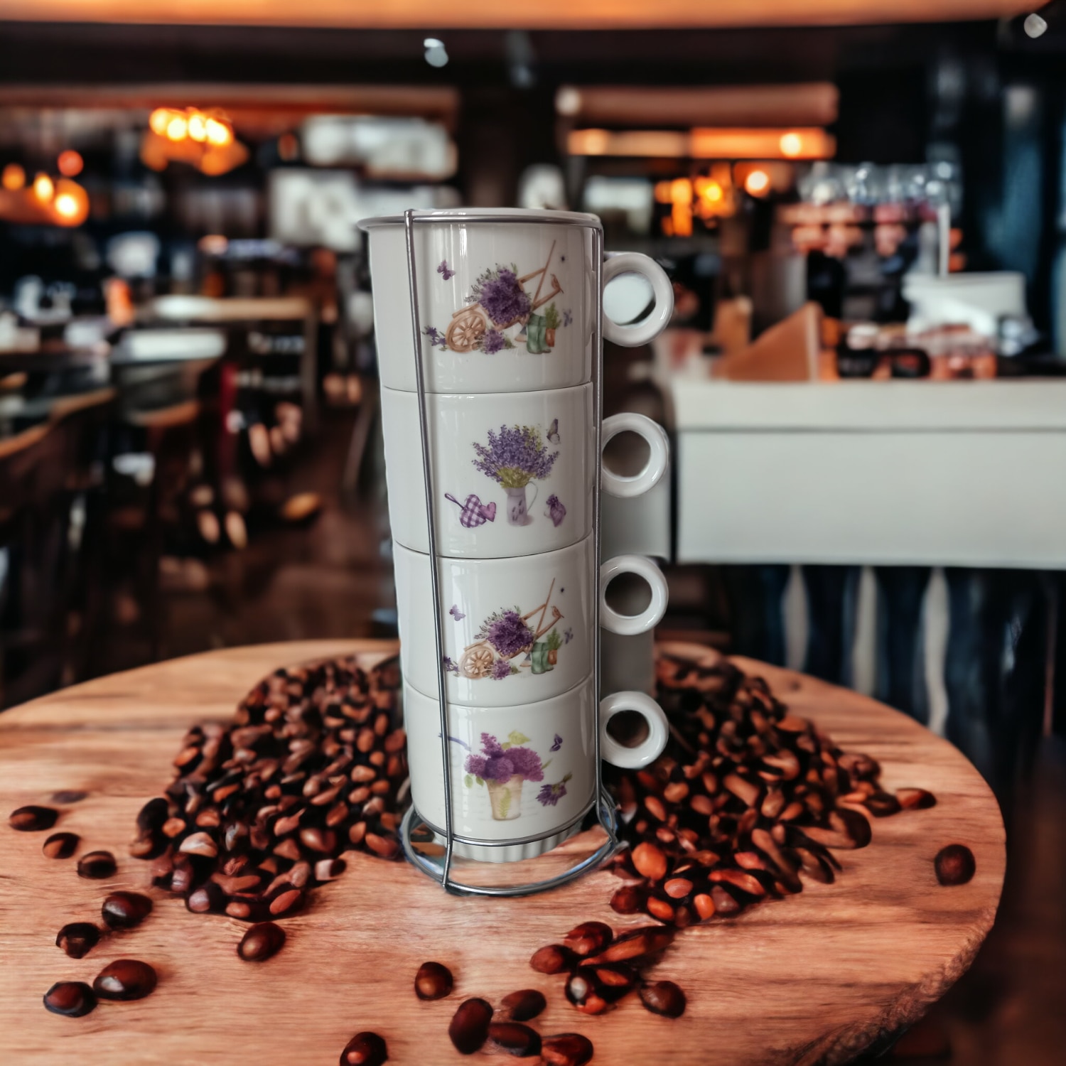 Set 4 cesti Cafea, Ceramica, 200ml cu suport din Inox, Lavanda - eMAG.ro