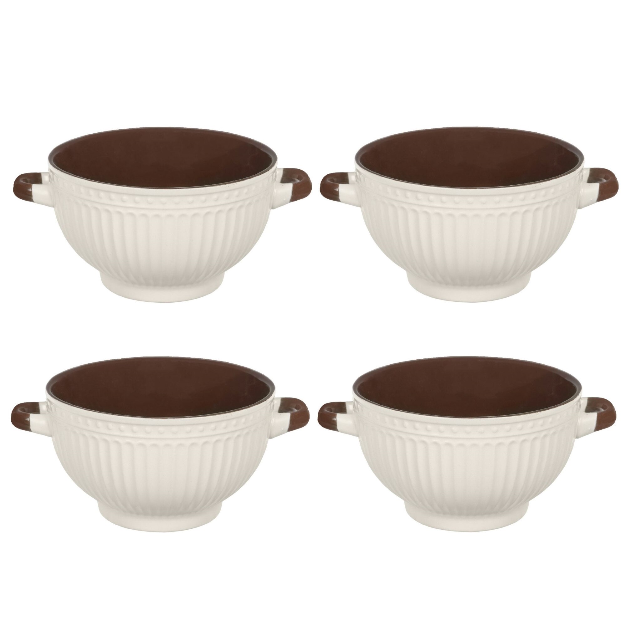 Set 4 boluri supa din ceramica, dungi, alb cu interior maro, 650ml ...