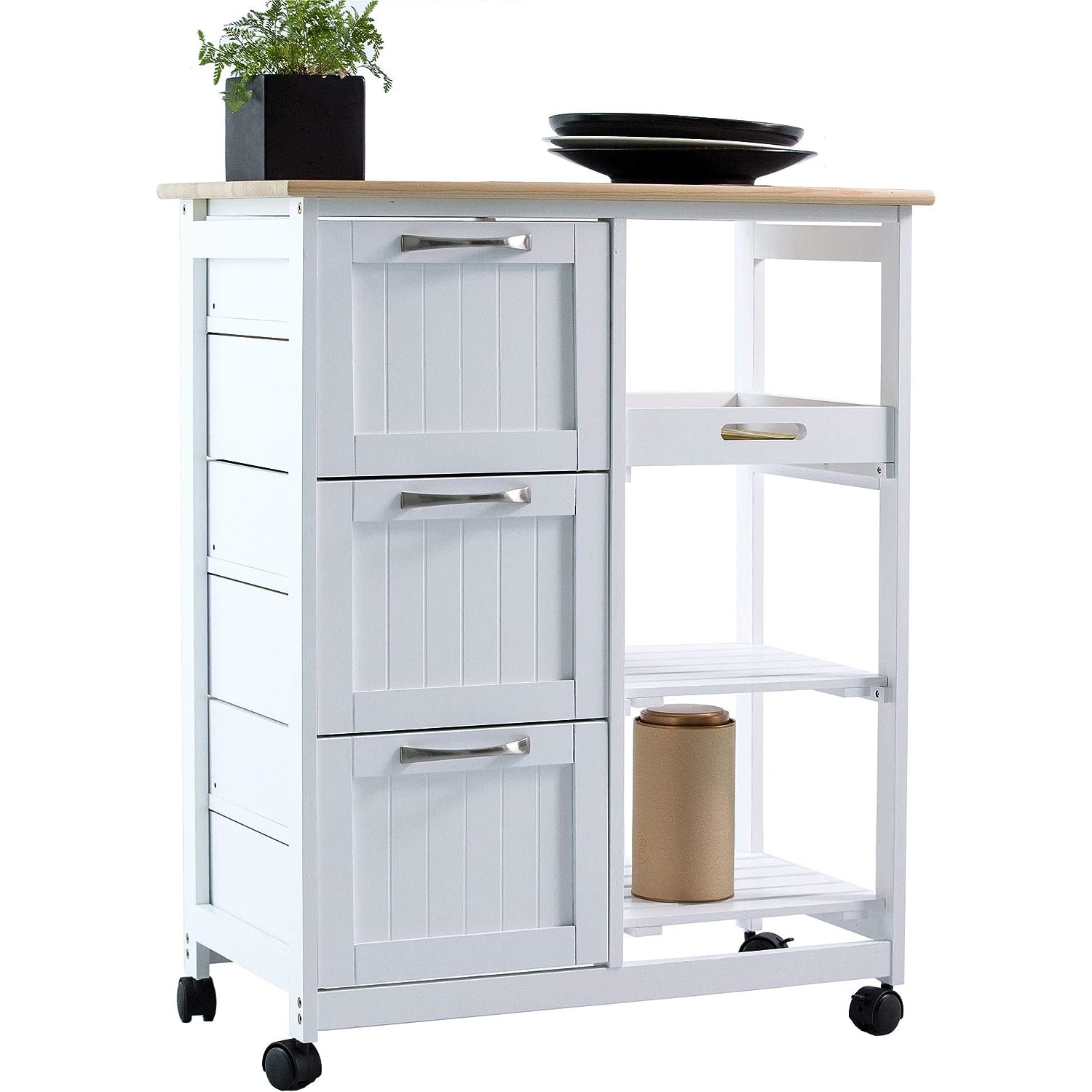 Carucior de bucatarie pe roti, cu 3 sertare si 3 rafturi, 67 x 37 x 84 ...