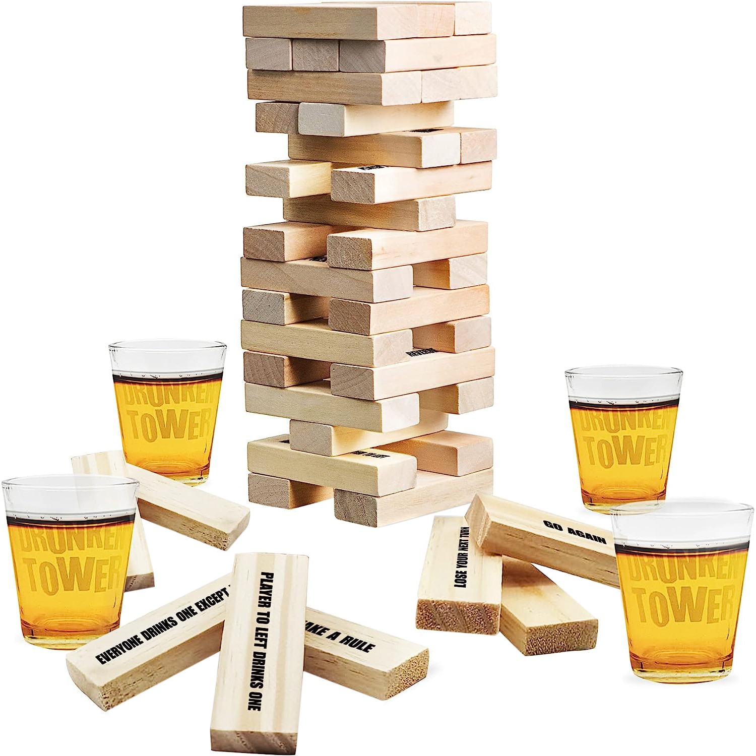 Joc Turn Jenga, sundiguer, 60 buc blocuri din lemn, 4 pahare de vin ...