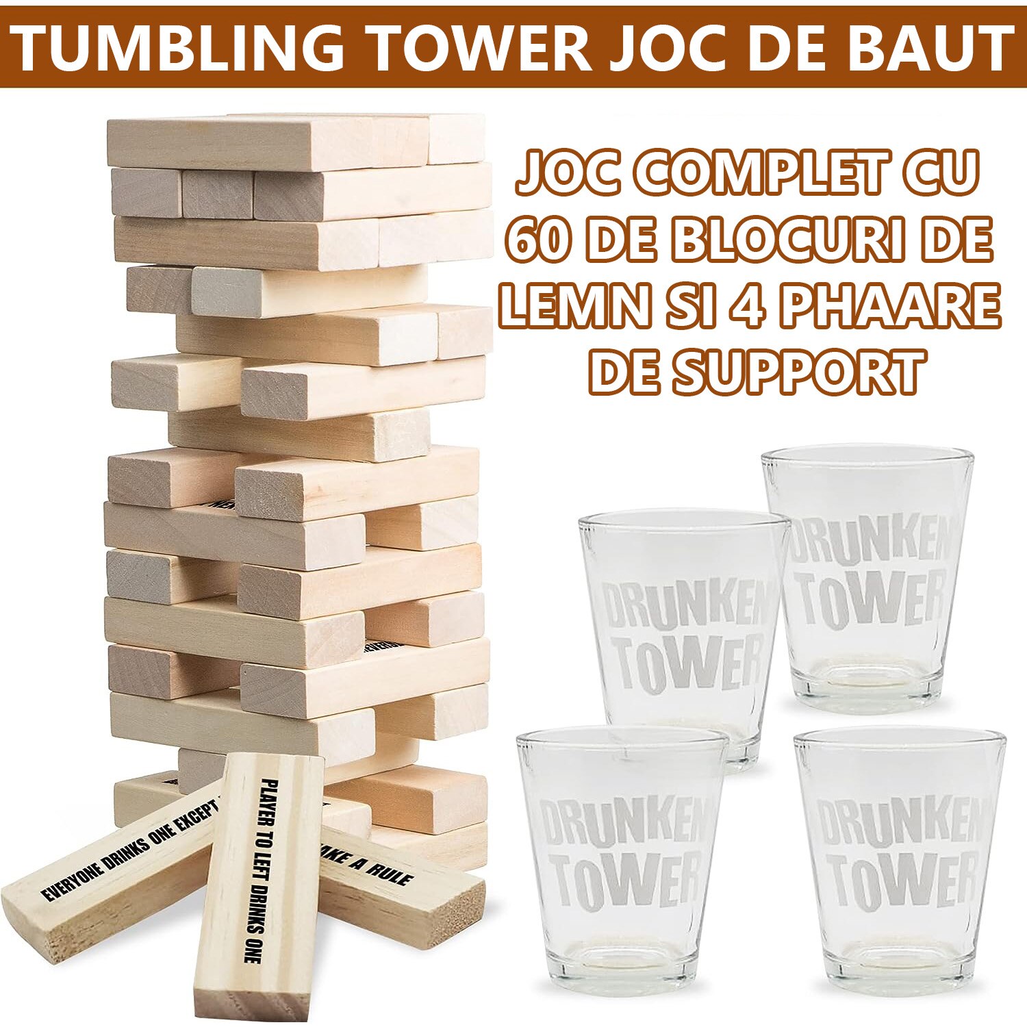 Joc Turn Jenga, sundiguer, 60 buc blocuri din lemn, 4 pahare de vin ...