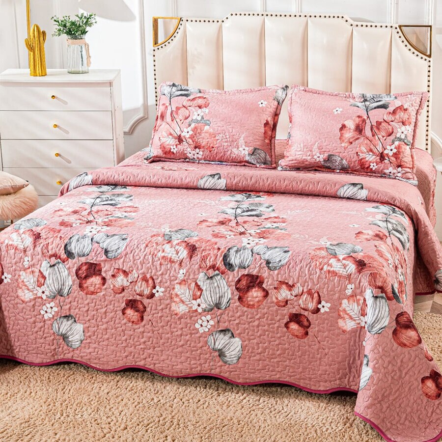 Комплект кувертюра TM Diana, С калъфки, Двулицева, Памучен сатен, 3 ...