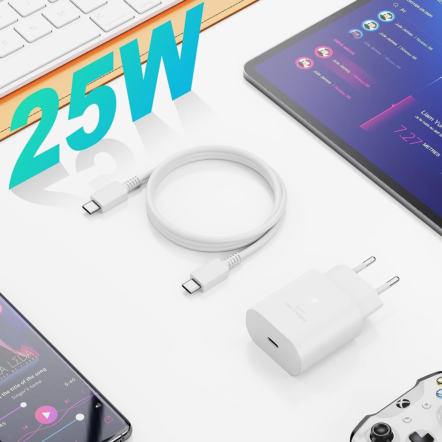 Set Incarcator USB-C 25W Fast Charger si cablu USB-C, PD Quick Charge ...