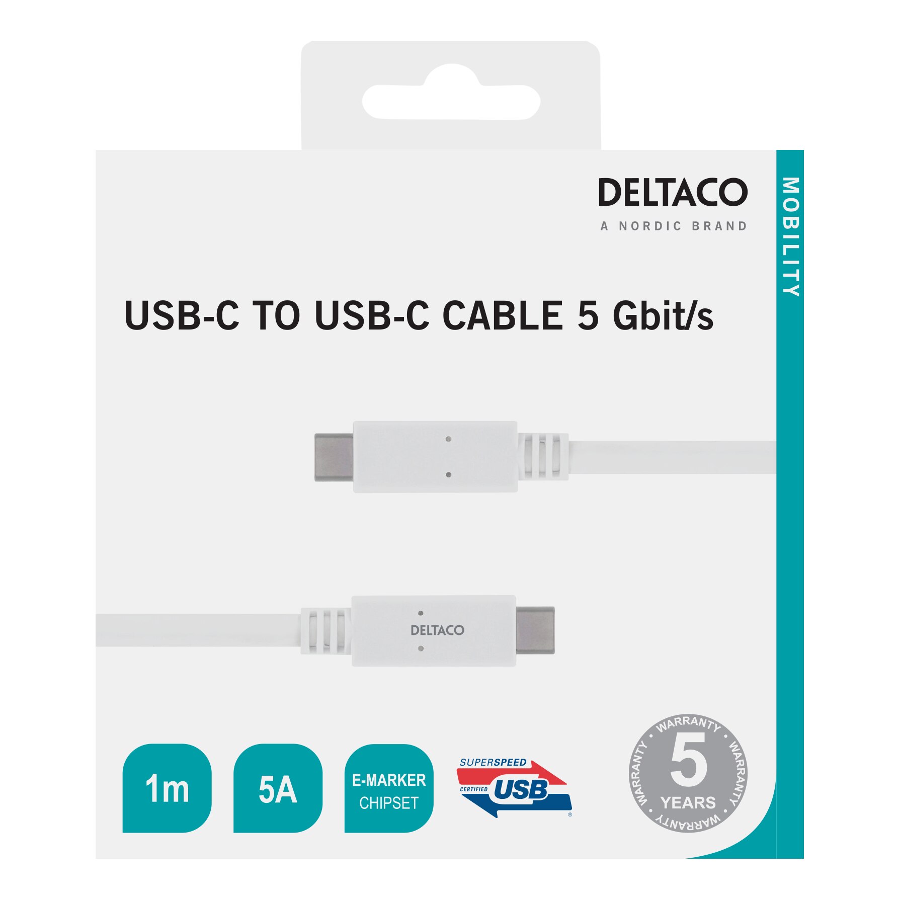 Deltaco кабел за данни и зареждане, USB-C към USB-C, 5A, 5Gbit/s, USB ...